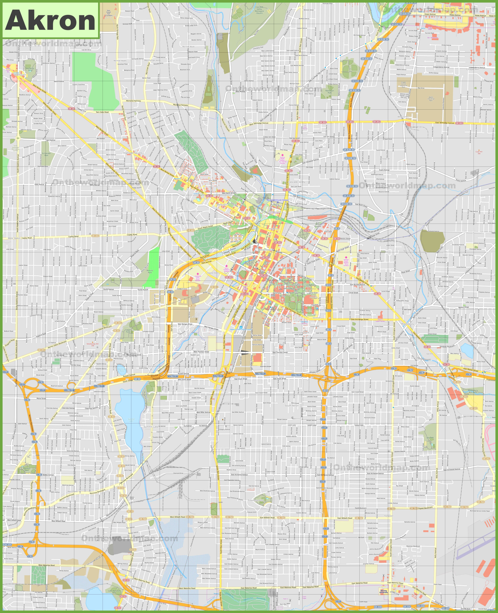 Large Detailed Map Of Akron - Ontheworldmap Pertaining To Printable Map ...