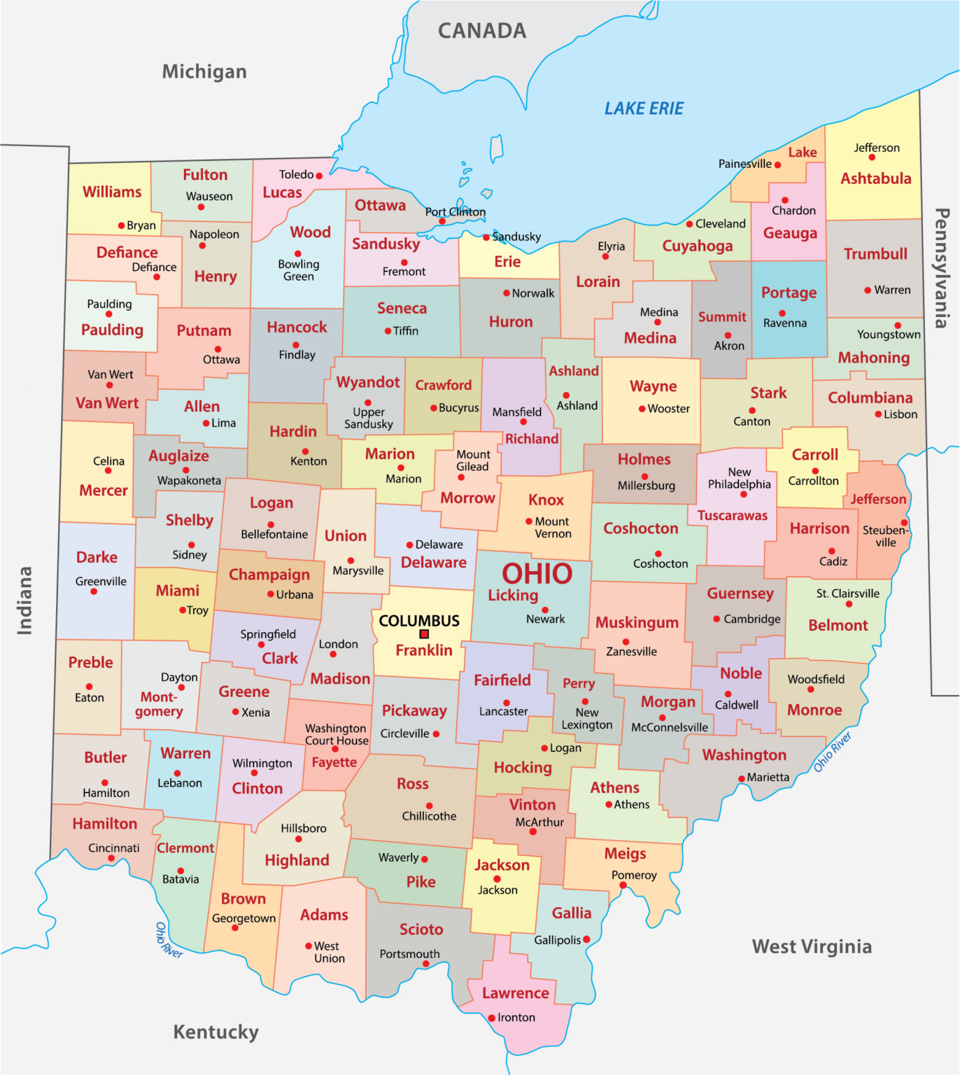 Map Of Ohio Counties With County Seats | Maps Of Ohio